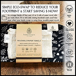 Homeostasis Living REusable Paper Towels with Cotton Wash Bag | Botanical-Charcoal Zero Waste Gift | Eco Friendly Paper Towels, Napkins Cloth Washable Reusable Paper Towel Roll, Paperless Paper Towels