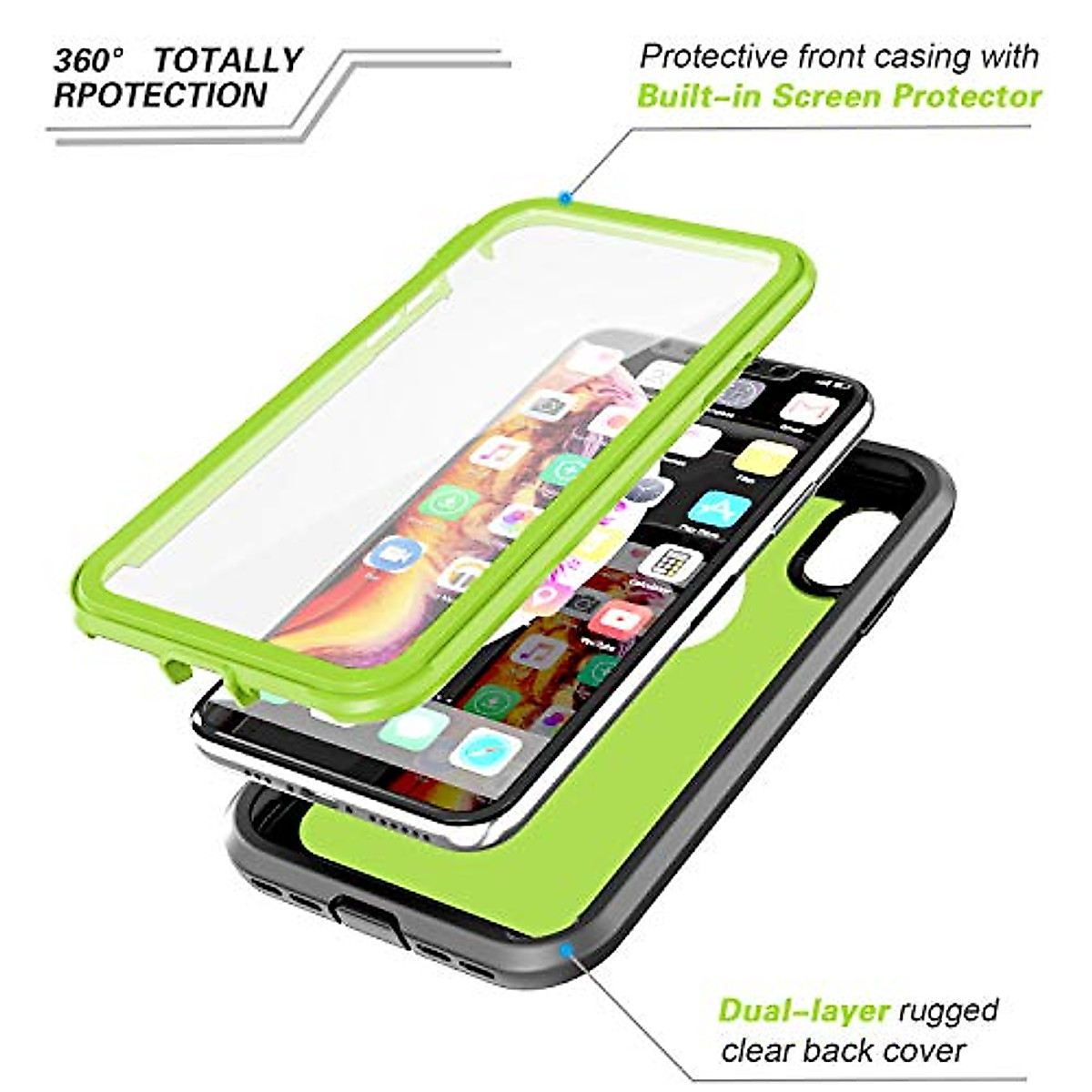 ImpactStrong iPhone X/iPhone Xs Case, Ultra Protective Case with Built-in Clear Screen Protector Full Body Cover for iPhone X/iPhone Xs (Lime Green)