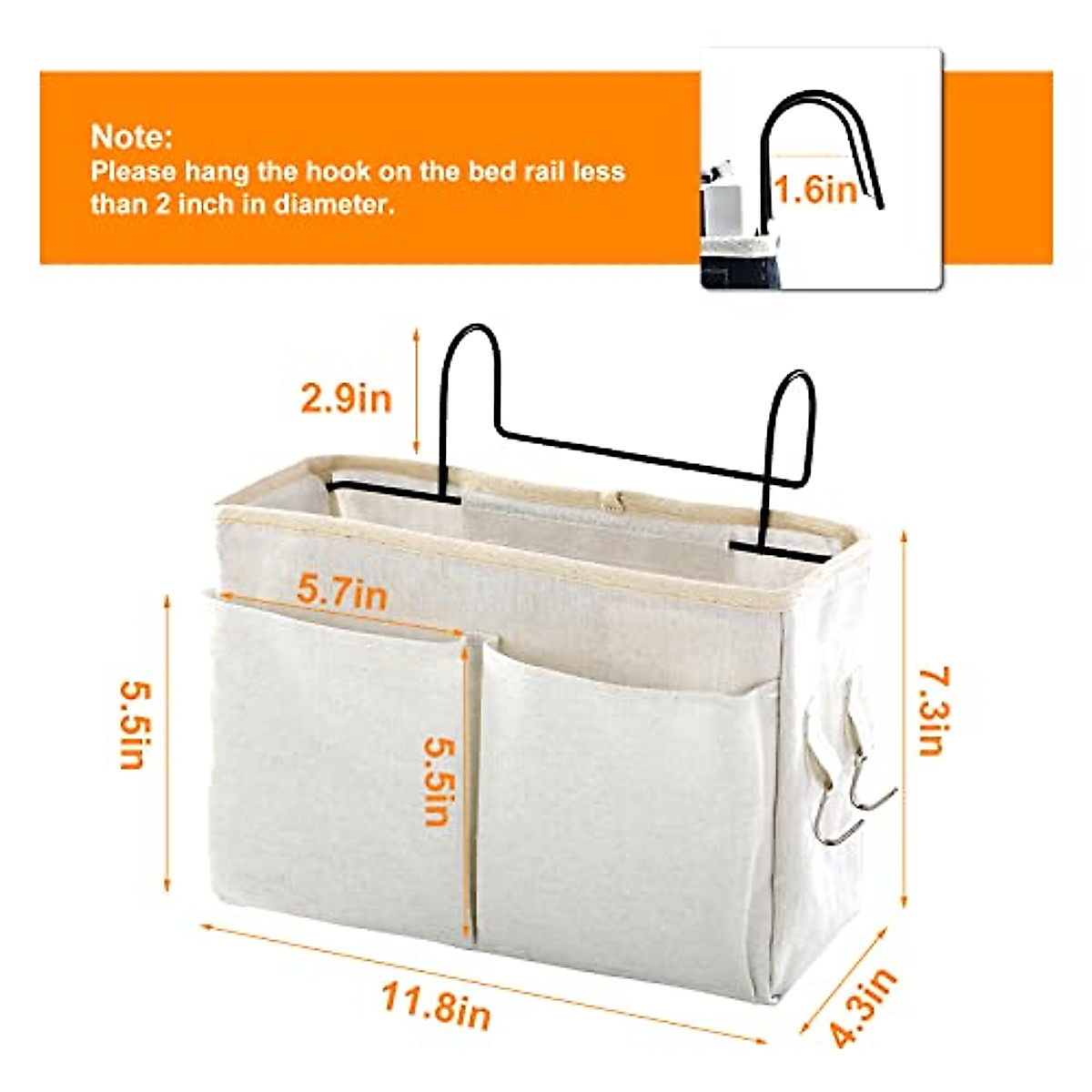 Surblue Bedside Caddy Bedside Storage Bag Hanging Organizer for Bunk, Hospital Beds, Dorm Rooms Bed Rails Camp 4 Pockets and 2 Hooks (White)