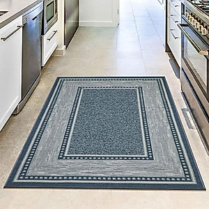 Ottomanson Ottohome Non-Slip Rubberback Bordered Design 3x5 Indoor Area Rug, 3'3" x 5', Turquoise