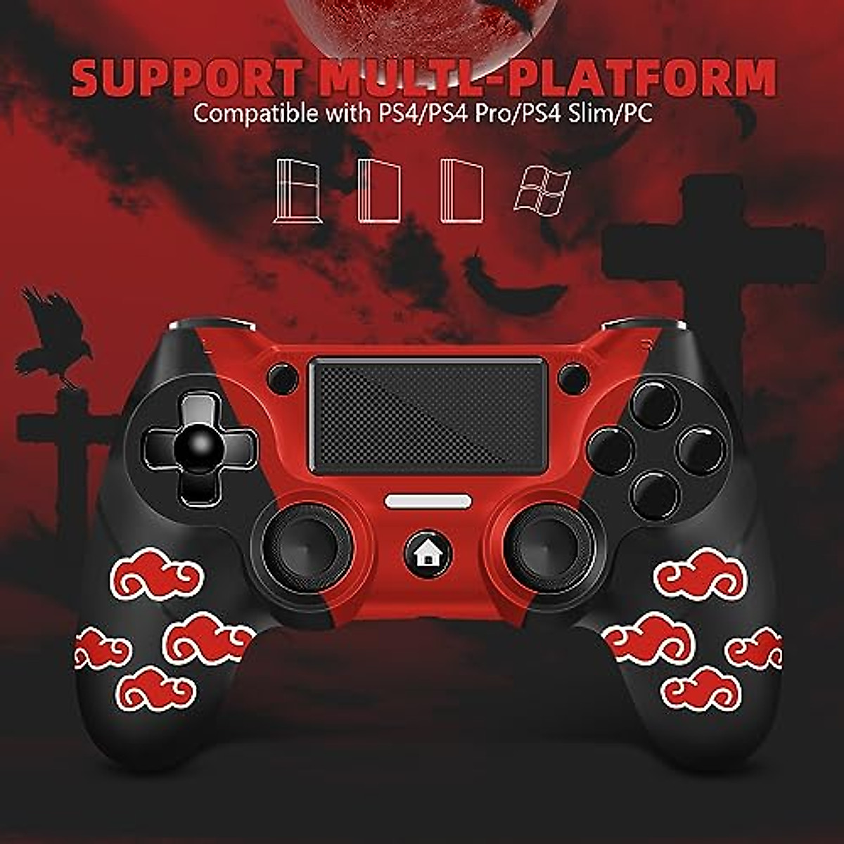 FTFVaska Wireless Controller for PS4 Compatible with PS4/Slim/Pro, Gamepad with Enhanced Dual Vibration/Analog Sticks/6-Axis Motion Sensor/Charging Cable/Thumb Caps! (Red Cloudy)