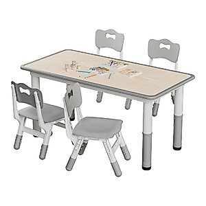 Detskehrcky Adjustable Kids 48 Inch Table and 4 Chairs Set, Kid Table and Chairs Set, Toddler Table and Chair Set, Multi-Activity Table, Graffiti Desktop, Home, Classroom, Daycare, Gray