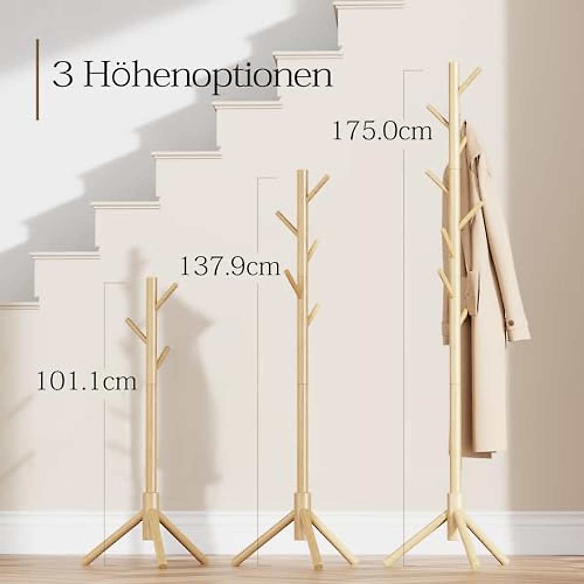 Pipishell Coat Rack Sturdy Wooden Coat Rack Stand, Adjustable Coat Tree, Free Standing Tree Hanger with 4 Sections & 8 Hooks, for Home/Bedroom/Office/Hallway/Entryway