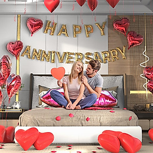 Anniversary Decorations, Happy Anniversary Banner, Latex Heart Balloons, Foil Heart Balloons, Red Silk Rose Petals for Romantic Night Weddings Bridal Showers Bachelorette Party Decorations