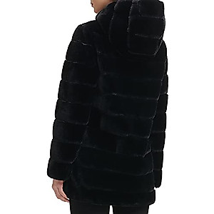 Kenneth Cole Women's Classic Style Faux Fur Coat, Hooded Mink Black, Large