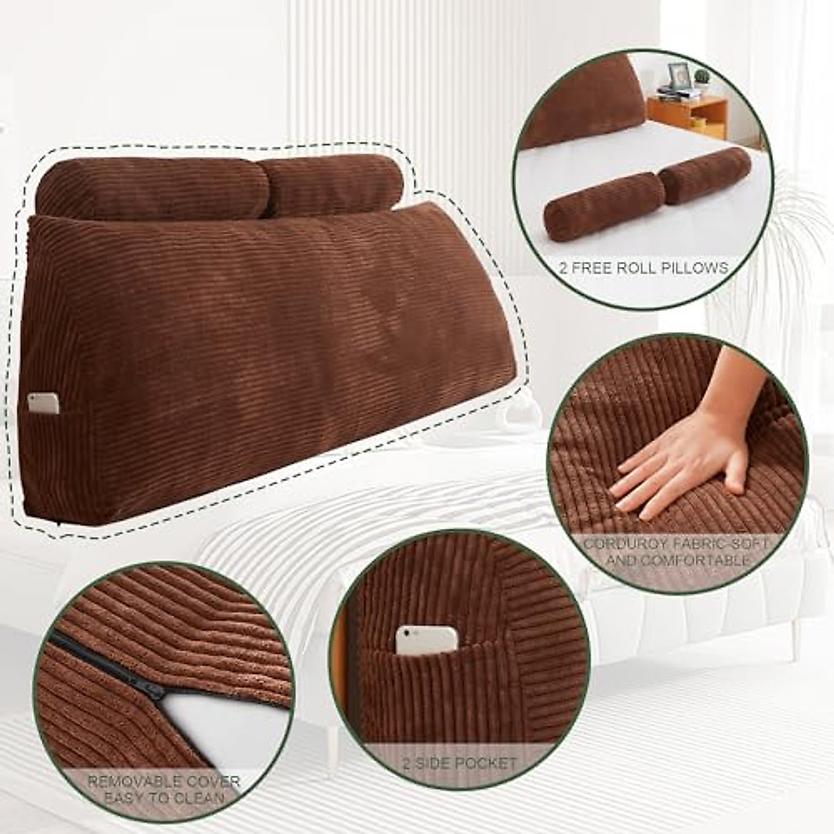 HIGOGOGO Wedge Headboard Pillow, Bed Rest Reading Pillow, Backrest Positioning Support Bolster Cushion with Removable Cover,Queen 60X20.4X8.4,Coffee