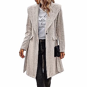 ECOWISH Women Coat Long Jacket: Winter Fashion Long Sleeve Lapel Casual Overcoat With Belt Beige Large