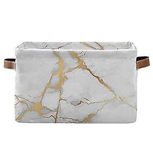 White Gold Marble Storage Basket Bin Large Fabric Toys Storage Cube Box with Handles Collapsible Closet Shelf Cloth Organizer Basket for Nursery Bedroom