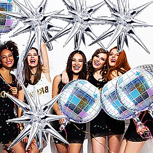 8 Pcs Disco Ball Ballons, Silver Last Disco Balloons 22Inch 4D Large Foil Balloons with Metallic Star for 70s Disco Dance Birthday Party Graduation New Year Decoration