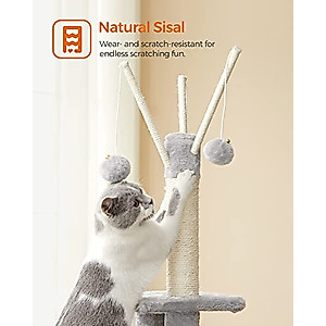 Feandrea Cat Tree, Small Cat Tower for Indoor Cats, Kittens, Multi-Level Plush Cat Condo, 16.5 x 12.6 x 46.5 Inches, Scratching Post, Ramp, 3 Removable Pompom Sticks, Cat Cave, Light Gray UPCT143W01