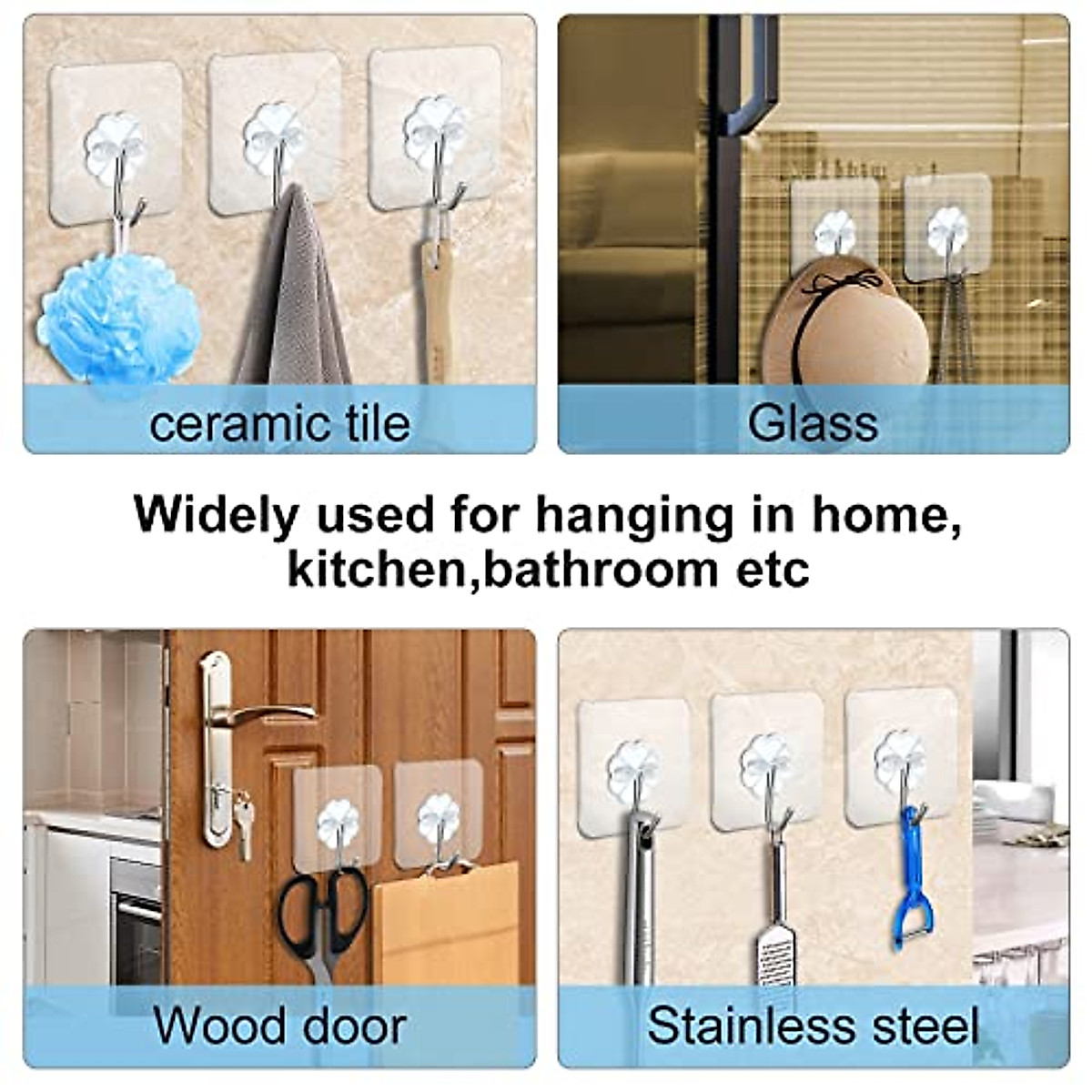 Anffeary 50 Packs Adhesive Hooks, Heavy Duty 22lb(Max) Wall Hooks for Hanging Key Cup Hat Coat Holder, Transparent Waterproof Sticky Hooks Wall Hangers for Kitchen Bathroom Shower Door Hanger Hooks