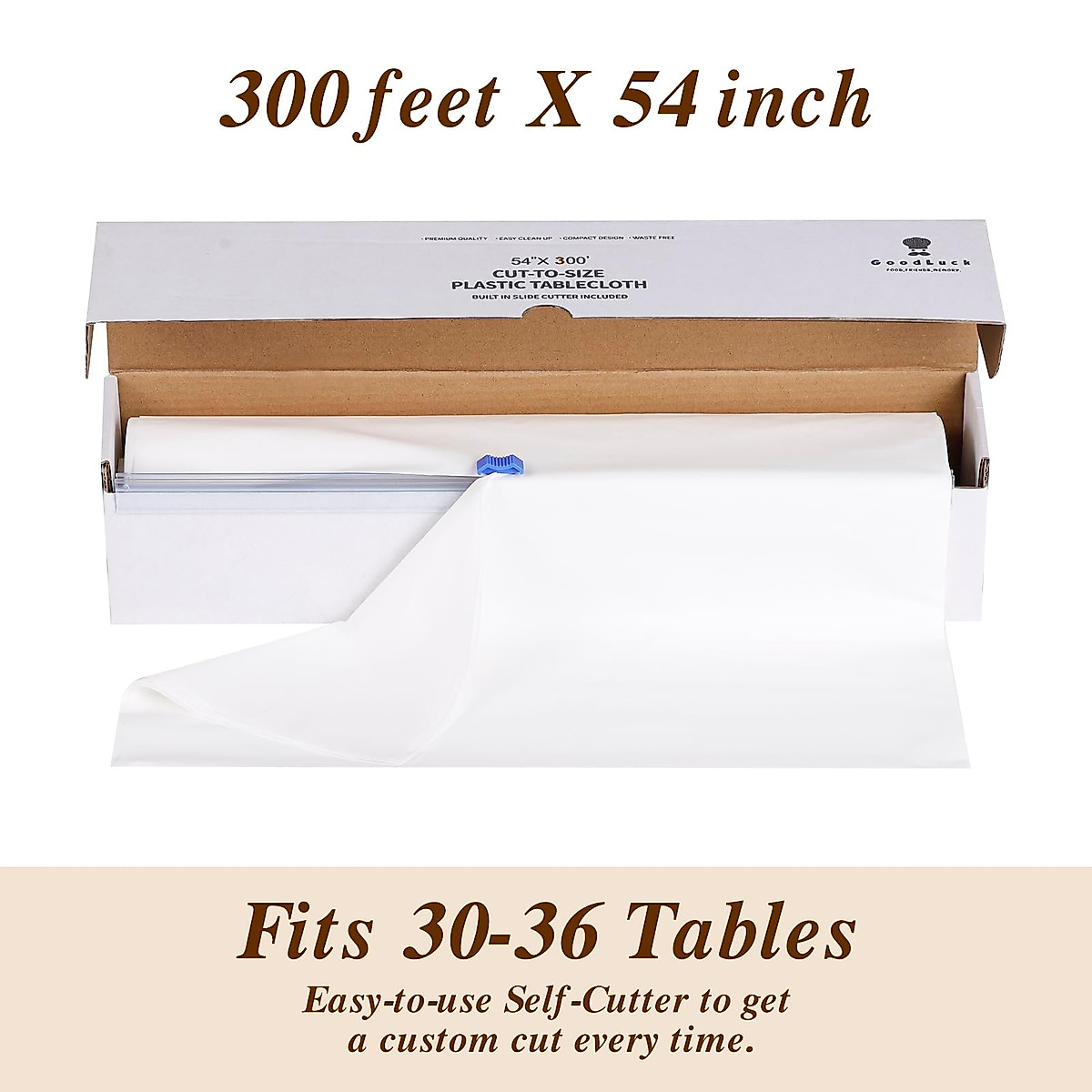 Goodluck 54 Inch X 300 Feet Plastic Table Cloths with Cutter Box, Disposable Table Cloths for Parties, Tablecloth Plastic for Party, Banquet, Wedding, Birthday, Anniversary Decorations, White