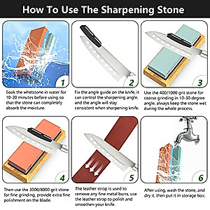 Knife Sharpening Stone Set, Premium 4 Side Grit 400/1000 3000/8000 Whetstone Sharpener Kit with Cut Resistant Gloves,Bamboo Base,Flattening Stone,Angle Guide,Honing Guide,Leather Strop,Razor Strop