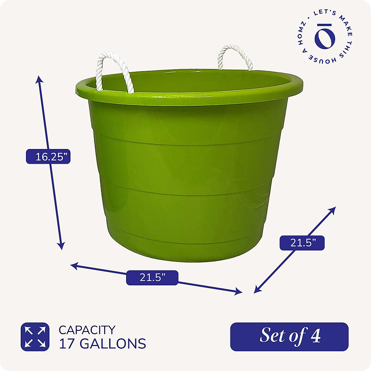 HOMZ 17-Gallon Indoor Outdoor Storage Bucket w/Rope Handles for Sports Equipment, Party Cooler, Gardening, Toys and Laundry, Bold Lime Green (4 Pack)