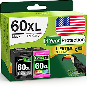 Limeink Remanufactured Ink Cartridge 60XL 60 XL Replacement for HP Envy 100 110 120 Photosmart c4680 c4780 c4795 d110 Deskjet d2680 f2430 f4280 f4440 f4480 f4580 Printer (1 Black, 1 Color)