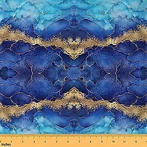 Blue Gold Upholstery Fabric, Marble Abstract Art Fabric by The Yard, Marble Texture Decorative Fabric for Upholstery and Home Accents, Blue Ombre Watercolor Quicksand Outdoor Fabric, 3 Yards