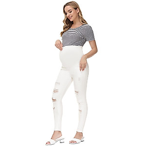 Women's Maternity Jeans Skinny Butt Lift Slim Stretch Pants Over Belly with 4 Pockets White M
