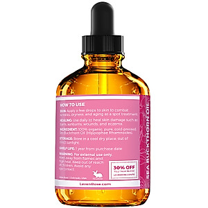 Leven Rose Sea Buckthorn Seed Oil, 100% Pure Unrefined Cold Pressed for Hair Skin and Nails (2 oz)