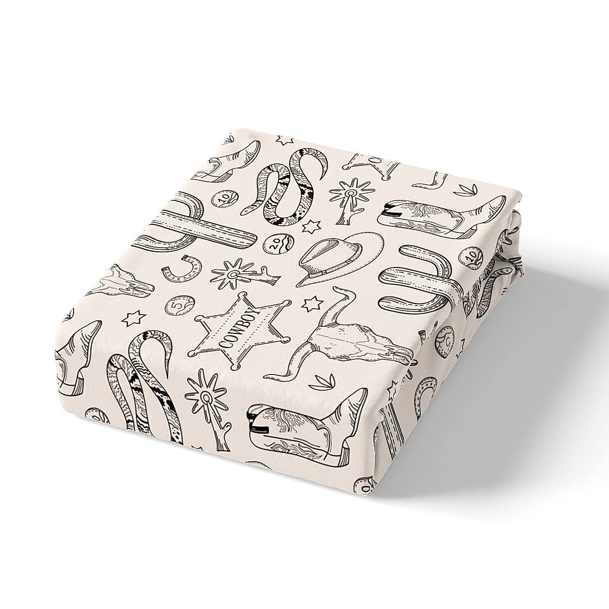 Western Cowboy Kids Fitted Sheet Twin Size,Cow Skull Horseshoe Cactus Rustic Bedding Set,Boys Girls Adults Bedroom Decor,Cowboy Boot Hat Farmhouse Bed Cover,Retro Bed Sheet,1 Pillowcase（No Flat Sheet）