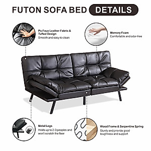 MUUEGM Futon Sofa Bed Memory Foam Convertible Couch Sleeper,Modern Faux Leather Love Seat for Living Room Small Space Apartment Office,Adjustable Backrest Armrest,71" Sofabed, Black-New