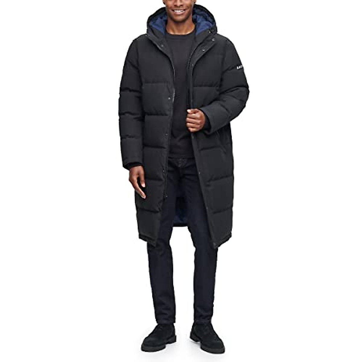 DKNY Men's Arctic Cloth Hooded Extra Long Parka Jacket, Black, Small