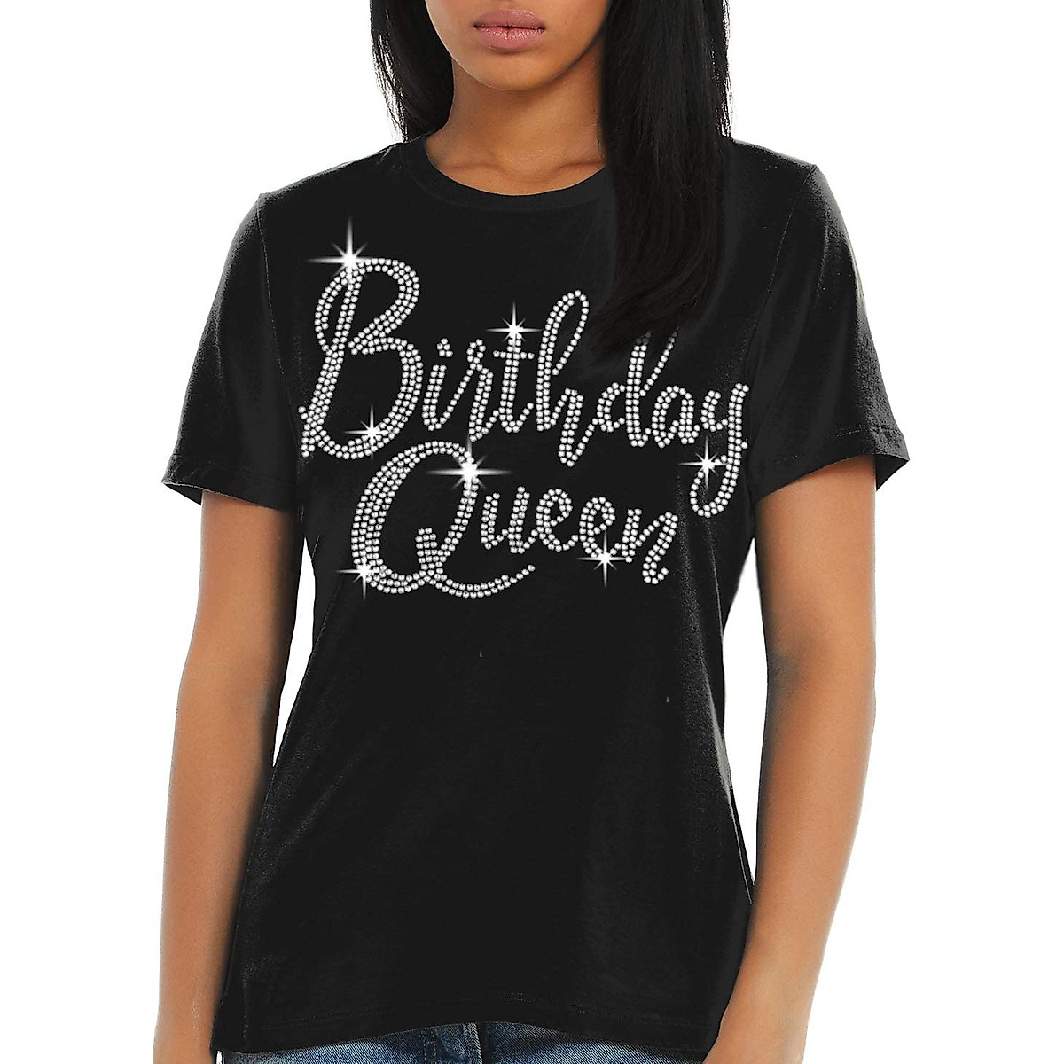 Birthday Tees for Women - Rhinestone Girly Birthday Queen T-Shirt - Birthday Party Shirts - X-Large - Black Tee(Queen RS) Blk/XL