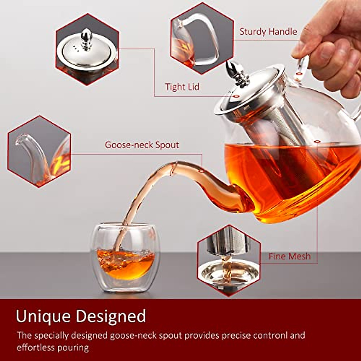 Glass Teapot, 40oz/1200mL Glass Kettle with Removable Stainless Steel Infuser for Blooming Tea & Loose Leaf Tea, Gooseneck Tea Pot, Microwave & Stovetop Safe, Gift Box for Tea Maker