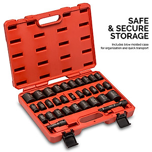 Neiko 02447A 1/2" Drive Master Impact Socket Set, 32 Piece Shallow Socket Assortment | Standard SAE (3/8-Inch to 1-1/4-Inch) and Metric (10-32 mm) Sizes | Cr-V Steel