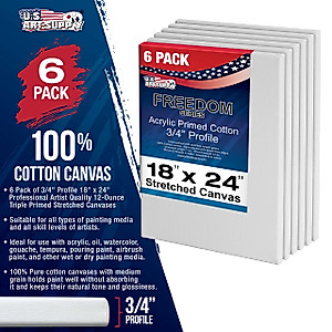 U.S. Art Supply 18 x 24 inch Stretched Canvas 12-Ounce Primed 6-Pack - Professional White Blank 3/4" Profile Heavy-Weight Gesso Acid Free Bulk Pack - Painting, Acrylic Pouring, Oil Paint