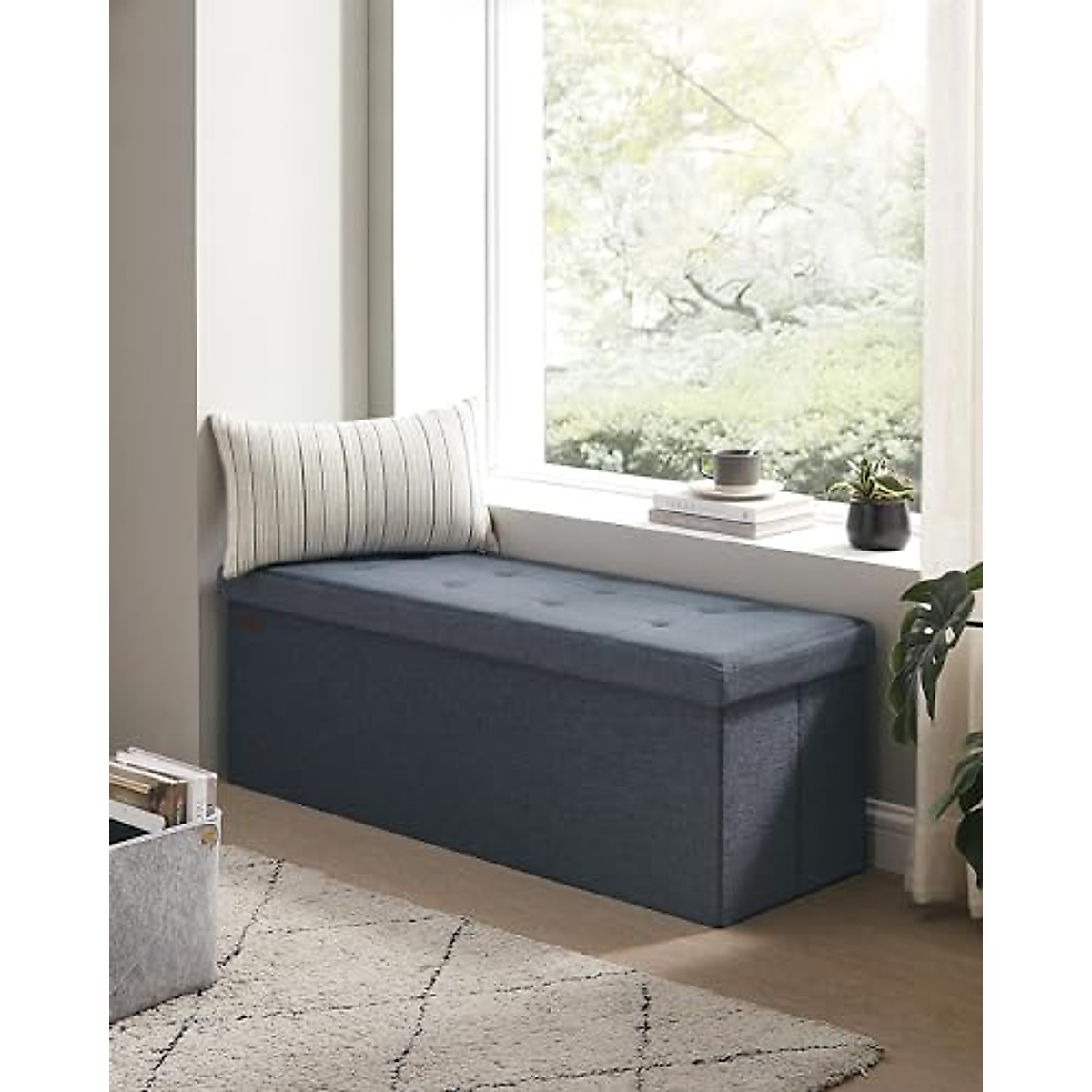 SONGMICS Storage Ottoman Bench, Foldable Ottoman Foot Rest, 15 x 43 x 15 Inches, End of Bed Bench, Storage Chest, Load up to 660 lb, for Living Room, Bedroom, Entryway, Misty Blue ULSF077Q01