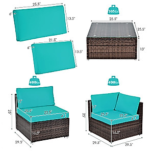HAPPYGRILL 6 Pieces Outdoor Patio Furniture Set, PE Rattan Conversation Set with Tempered Glass Coffee Table and Cozy Cushions, Weather Resistant Sectional Sofa Set, Turquoise