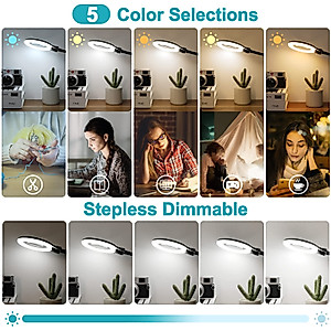 TOMSOO 5X Magnifying Glass with Light and Clamp, 5 Color Modes Stepless Dimmable Lighted Magnifier with Stand, Flexible Gooseneck LED Desk Lamp Hands Free for Craft Reading Painting Hobby Close Work