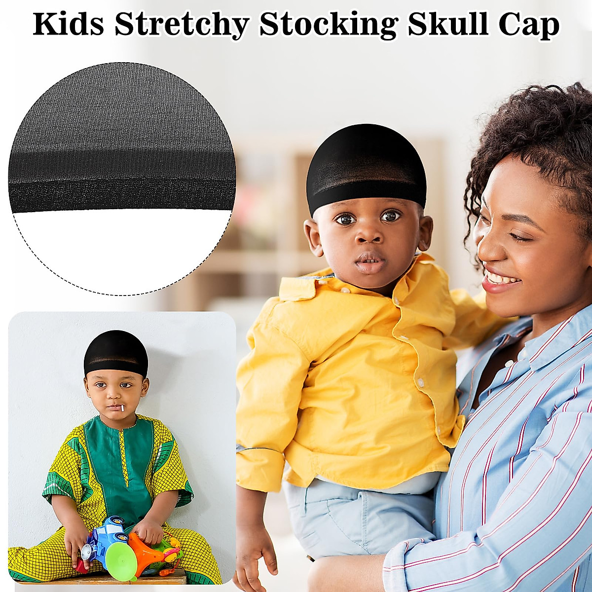 Toulite 12 Pcs Kids Stocking Wave Cap Stretchy Skull Cap Kids Wig Hats Baby Beanie Stretchy Stocking Hats(Black)