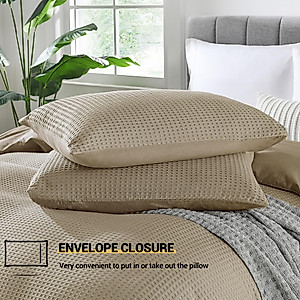 Rosecret Cotton Waffle Duvet Cover Queen, Blend Viscose Derived from Bamboo, Soft Breathable Comforter Cover with Pillow Shams for All Seasons, Khaki