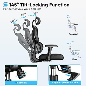 Sytas Ergonomic Office Chair, High Back Mesh Desk Chair with Lumbar Support and Adjustable Headrest, Executive Swivel Computer Chair for Home Office, Tilt Function, Black