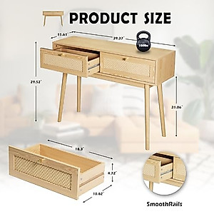 TYBOATLE Kraft Woven Rattan Console Table with 2 Drawers, Narrow Wood Entry Way Table, Modern & Boho Accent Sofa Bar Table for Entryway, Foyer, Front Hall, Hallway, Living Room (Natural Ash)