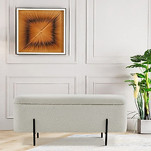 MCombo Storage Ottoman Bench, Teddy Fabric Upholstered Footstool with Storage Space, Bed End Bench for Bedroom, Living Room, Entryway W709 (White)