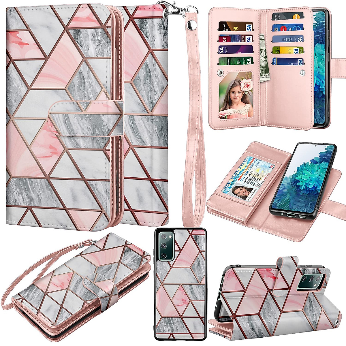Takfox Galaxy S20 FE 5G Case, for Samsung S20 Fan Edition / S20 FE 5G Wallet Case, with Credit Card Holder Slots Folio Flip PU Leather [Kickstand] Detachable Magnetic Hard Phone Case & Strap-Marble