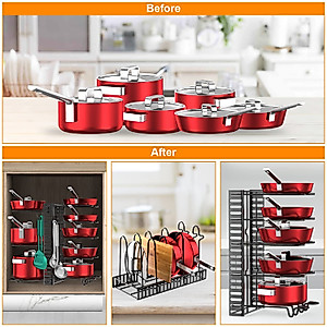 LeeWent Pots and Pans Organizer for Cabinet with 2 Hooks, Adjustable Pot and Pan Organizer Rack for Cabinet 8 Tiers Durable Steel Construction Pot Rack Space Saving Kitchen Storage