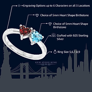 Gem Stone King 925 Sterling Silver Customized and Personalized Name Engraved Promise Love Gemstone Birthstone Double Heart Shape Fashion Mothers Name Ring For Women (Size 7)
