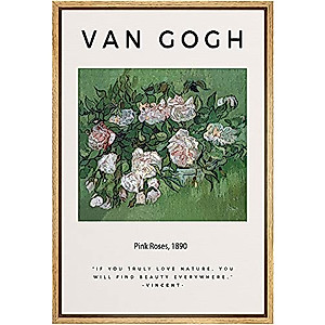 SIGNLEADER Framed Canvas Print Wall Art Van Gogh Pink Roses 1890 Decorative Brushstroke Illustrations Fine Art Colorful Multicolor Warm for Living Room, Bedroom, Office - 16"x24" Natural