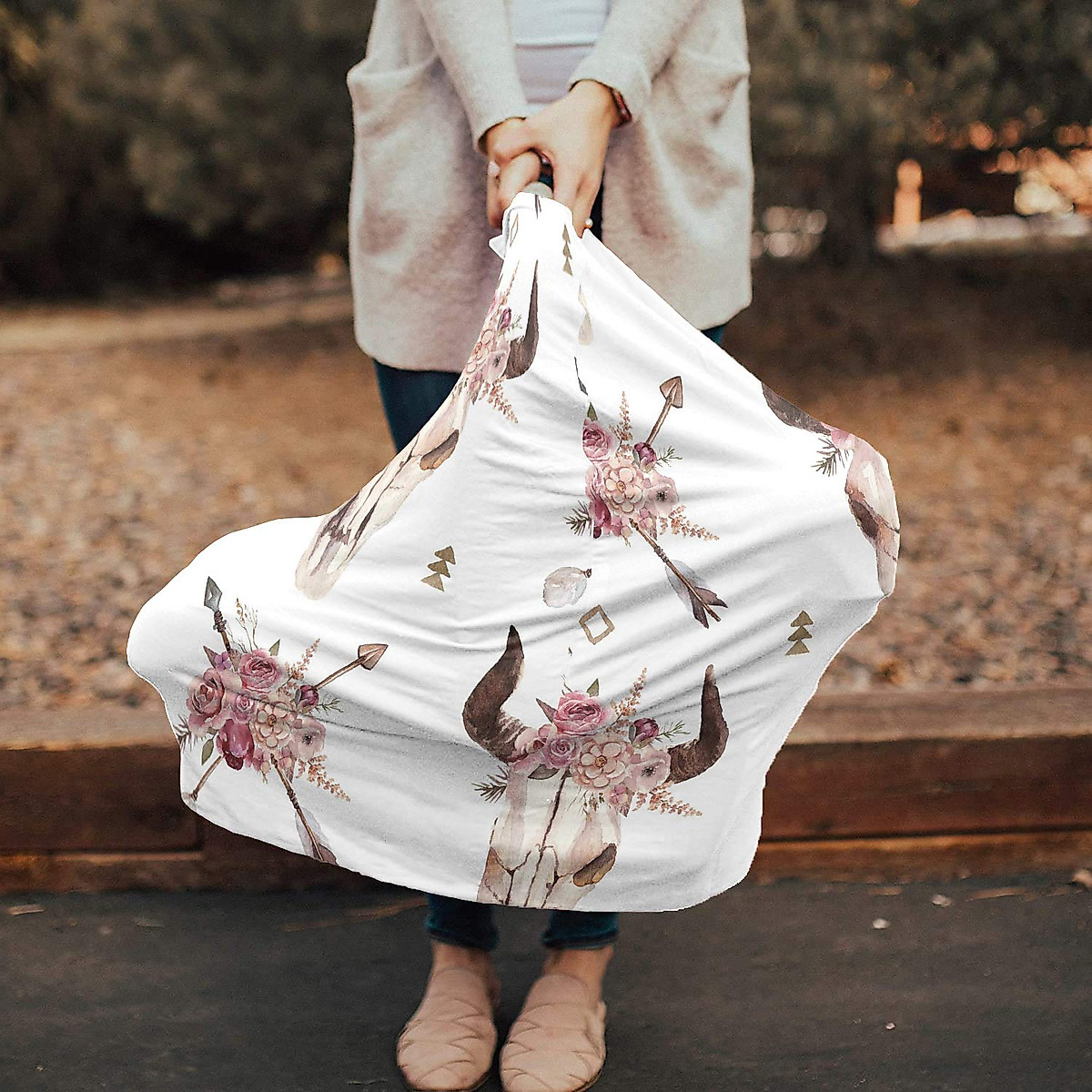 Car Seat Canopy Nursy Cover, Cow Head Skull with Pink Flowers and Arrows Multi Use Breastfeeding Scarf for Infant Carseat Canopy, Stroller, Shopping Cart, Highchair