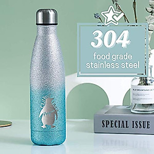 Onebttl Penguin Gifts for Girls Women Boys Penguin Lovers - Chilling Like A Penguin - 17oz Stainless Steel Water Bottle - for Daughters Sons Friends - B-day X-mas - Silver Blue Gradient Glitter