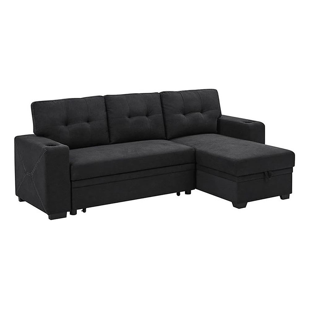 Trent Home Upholstery Polyester Blend Fabric Convertible Sectional Sleeper Sofa with Cup Holders in Black