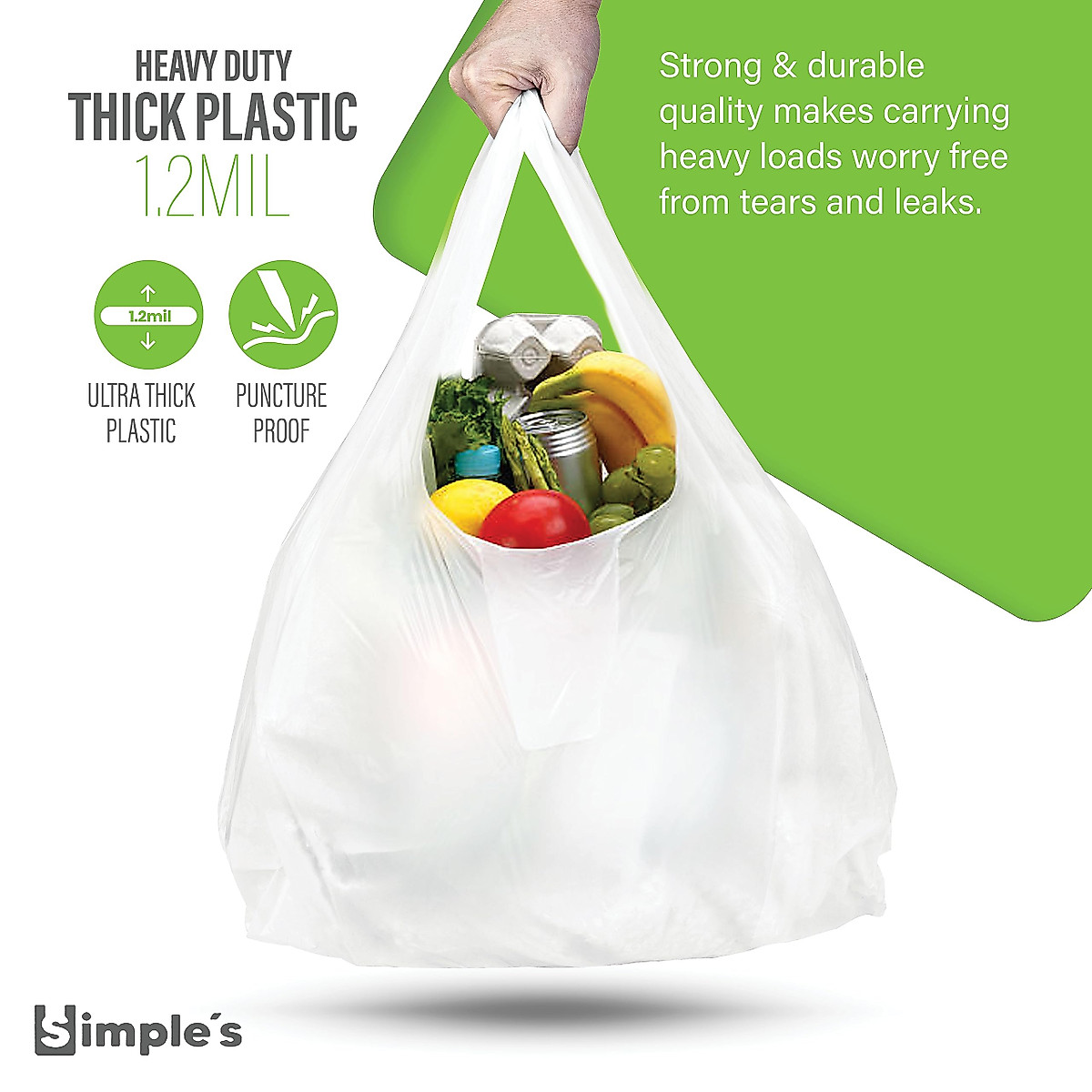 Simple's Plastic Bags with Handles For Small Business,(80 Count) Very Strong Shopping Bags, Grocery bags, plastic t-shirts bag, to go bags, Bag Dispenser Roll - Measures 12"x7"x22", 1.2 Mil Thickness