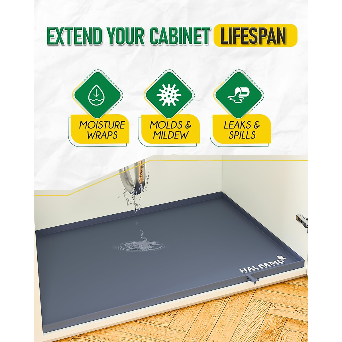 HALEEMS Under Sink Mat with Unique Drain Hole Design - Silicone 34'' X 22'' Under Sink Mats for Bottom of Kitchen Sink - Kitchen Cabinet Mats Hold up to 3 Gallons Liquid, Protector Tray, Easy to Clean