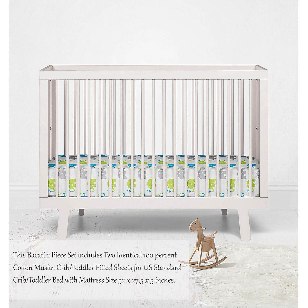 Bacati 2 Piece Elephants Muslin Crib Sheets, Blue/Grey