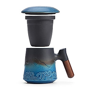 MAXJOY Tea Cup with Infuser and Lid,15.2 OZ Large Loose Leaf Tea Cup,Ceramic Tea Steeping Mug with Rosewood Handle,Black & Blue