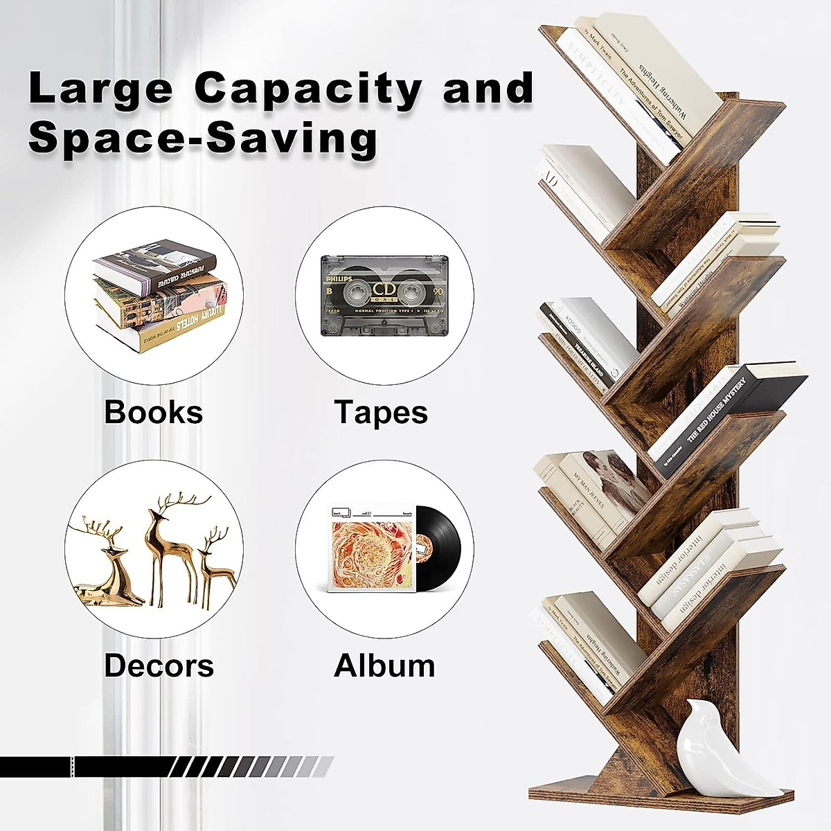 Function Home 9 Tier Tree Bookshelf, Modern Tall Geometric Bookcase, Freestanding Book Shelf, Wood Floor Storage Shelf for Living Room, Bedroom, Home Office,Rustic Brown