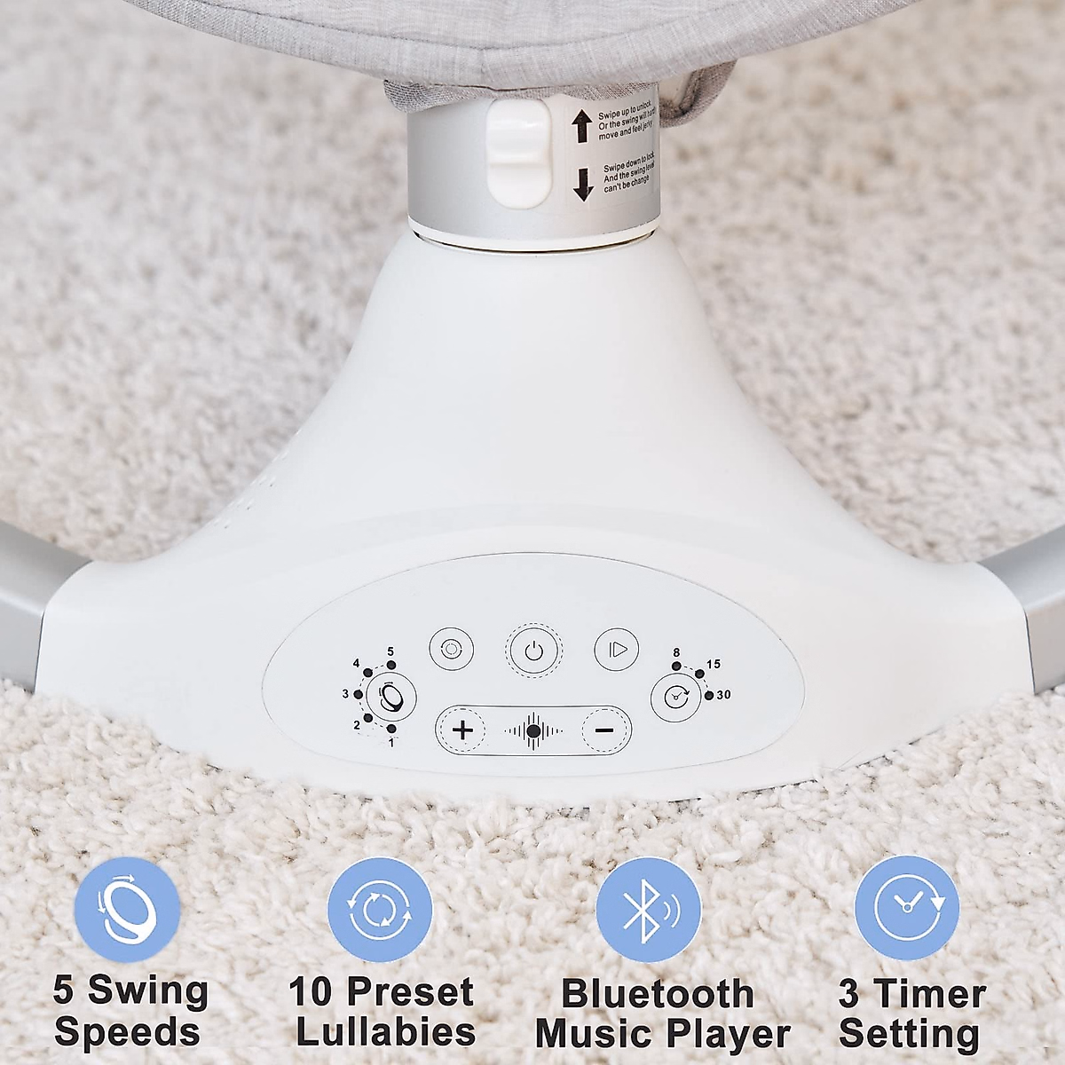 Bellababy Bluetooth Baby Swing for Infants, Compact & Portable Baby Bouncer, 3 Seat Positions, 5 Speed, 10 Lullabies, Remote Control, USB Plug-in Power, Indoor/Outdoor Baby Rocker, Boy/Girl Gray